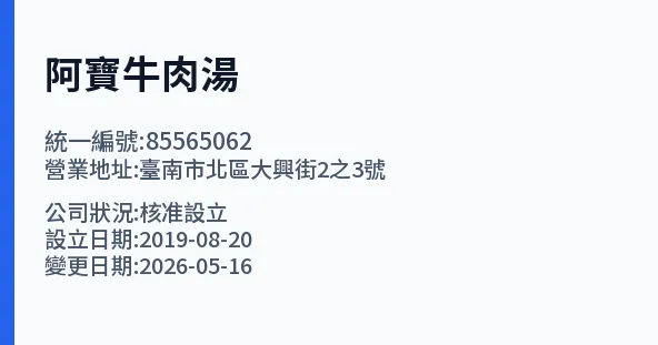 阿寶牛肉湯的照片-統編 85565062(臺南市) 公司登記資料與營業項目詳細圖表