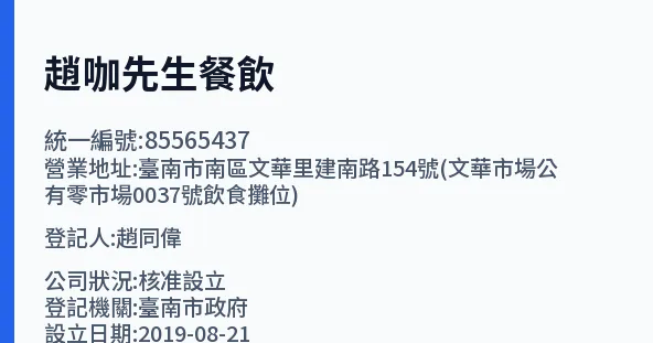 趙咖先生餐飲的照片-統編 85565437(臺南市) 公司登記資料與營業項目詳細圖表