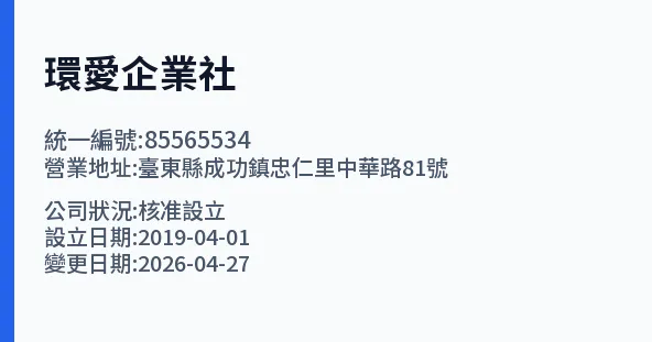 環愛企業社的照片-統編 85565534(臺東縣) 公司登記資料與營業項目詳細圖表