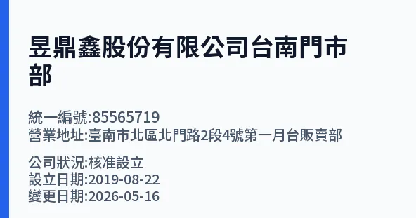 昱鼎鑫股份有限公司台南門市部的照片-統編 85565719(臺南市) 公司登記資料與營業項目詳細圖表