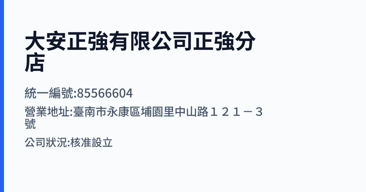大安正強有限公司正強分店 - 統編 85566604(臺南市) 公司登記資料與營業項目詳細圖表