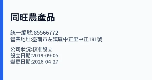 同旺農產品的照片-統編 85566772(臺南市) 公司登記資料與營業項目詳細圖表