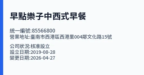 早點樂子中西式早餐的照片-統編 85566800(臺南市) 公司登記資料與營業項目詳細圖表