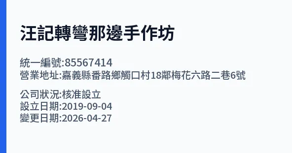 汪記轉彎那邊手作坊的照片-統編 85567414(嘉義縣) 公司登記資料與營業項目詳細圖表