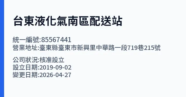 台東液化氣南區配送站的照片-統編 85567441(臺東縣) 公司登記資料與營業項目詳細圖表