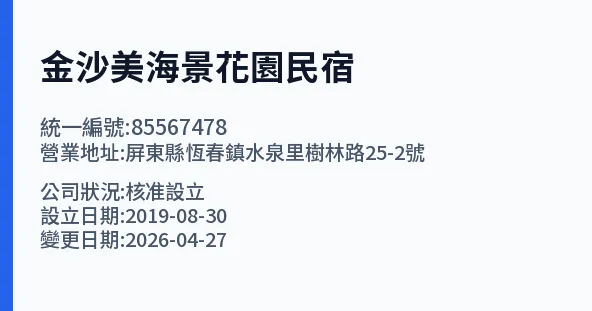 金沙美海景花園民宿的照片-統編 85567478(屏東縣) 公司登記資料與營業項目詳細圖表