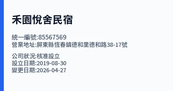 禾園悅舍民宿的照片-統編 85567569(屏東縣) 公司登記資料與營業項目詳細圖表