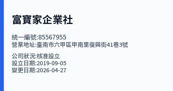 富寶家企業社的照片-統編 85567955(臺南市) 公司登記資料與營業項目詳細圖表
