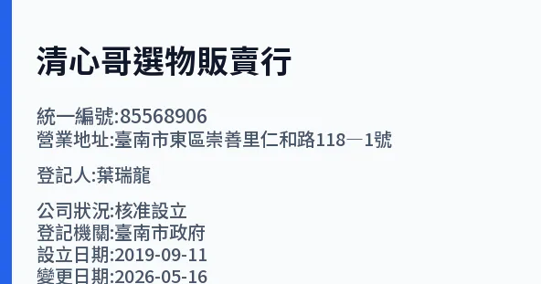 清心哥選物販賣行的照片-統編 85568906(臺南市) 公司登記資料與營業項目詳細圖表
