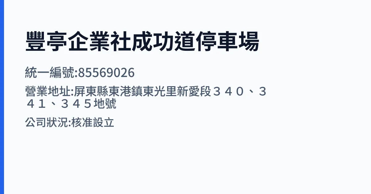 豐亭企業社成功道停車場 - 統編 85569026(屏東縣) 公司登記資料與營業項目詳細圖表