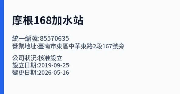 摩根168加水站的照片-統編 85570635(臺南市) 公司登記資料與營業項目詳細圖表