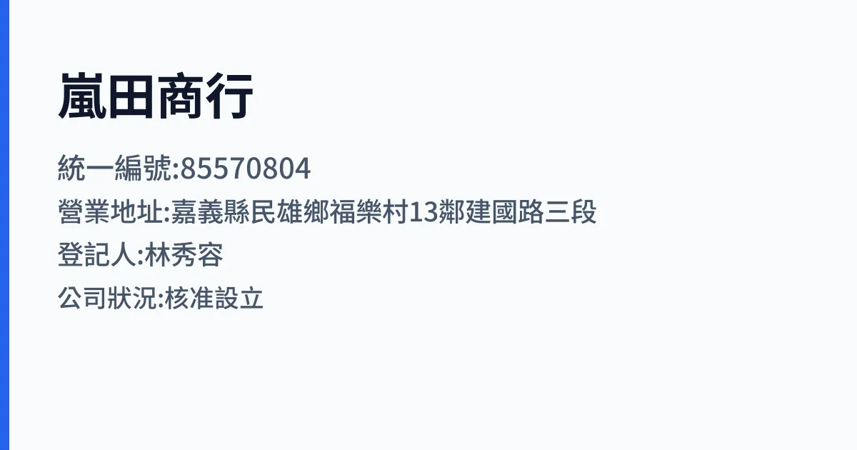 嵐田商行 - 統編 85570804(嘉義縣) 公司登記資料與營業項目詳細圖表