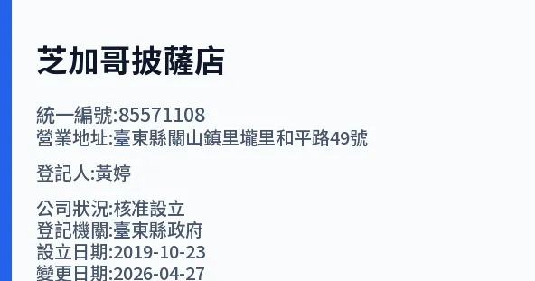 芝加哥披薩店的照片-統編 85571108(臺東縣) 公司登記資料與營業項目詳細圖表