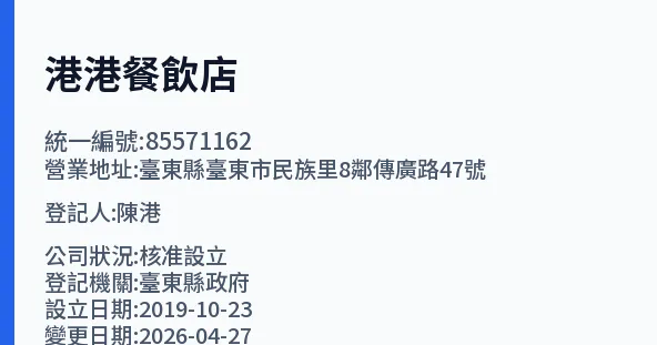 港港餐飲店的照片-統編 85571162(臺東縣) 公司登記資料與營業項目詳細圖表