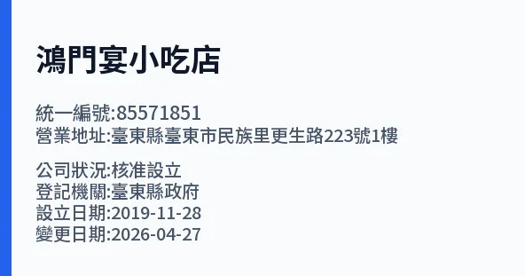 鴻門宴小吃店的照片-統編 85571851(臺東縣) 公司登記資料與營業項目詳細圖表