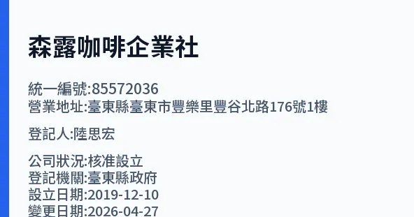 森露咖啡企業社的照片-統編 85572036(臺東縣) 公司登記資料與營業項目詳細圖表
