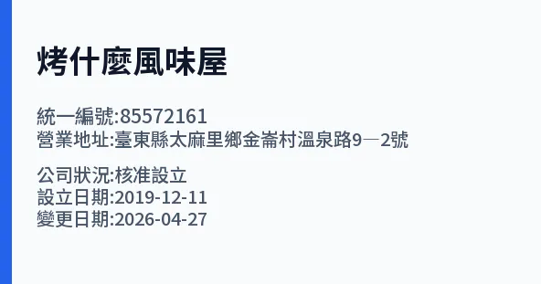 烤什麼風味屋的照片-統編 85572161(臺東縣) 公司登記資料與營業項目詳細圖表