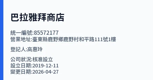 巴拉雅拜商店的照片-統編 85572177(臺東縣) 公司登記資料與營業項目詳細圖表