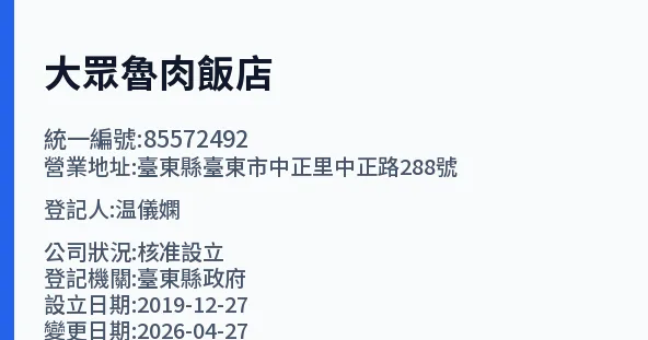 大眾魯肉飯店的照片-統編 85572492(臺東縣) 公司登記資料與營業項目詳細圖表