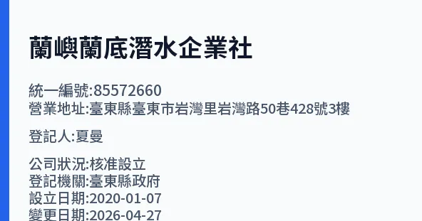 蘭嶼蘭底潛水企業社的照片-統編 85572660(臺東縣) 公司登記資料與營業項目詳細圖表