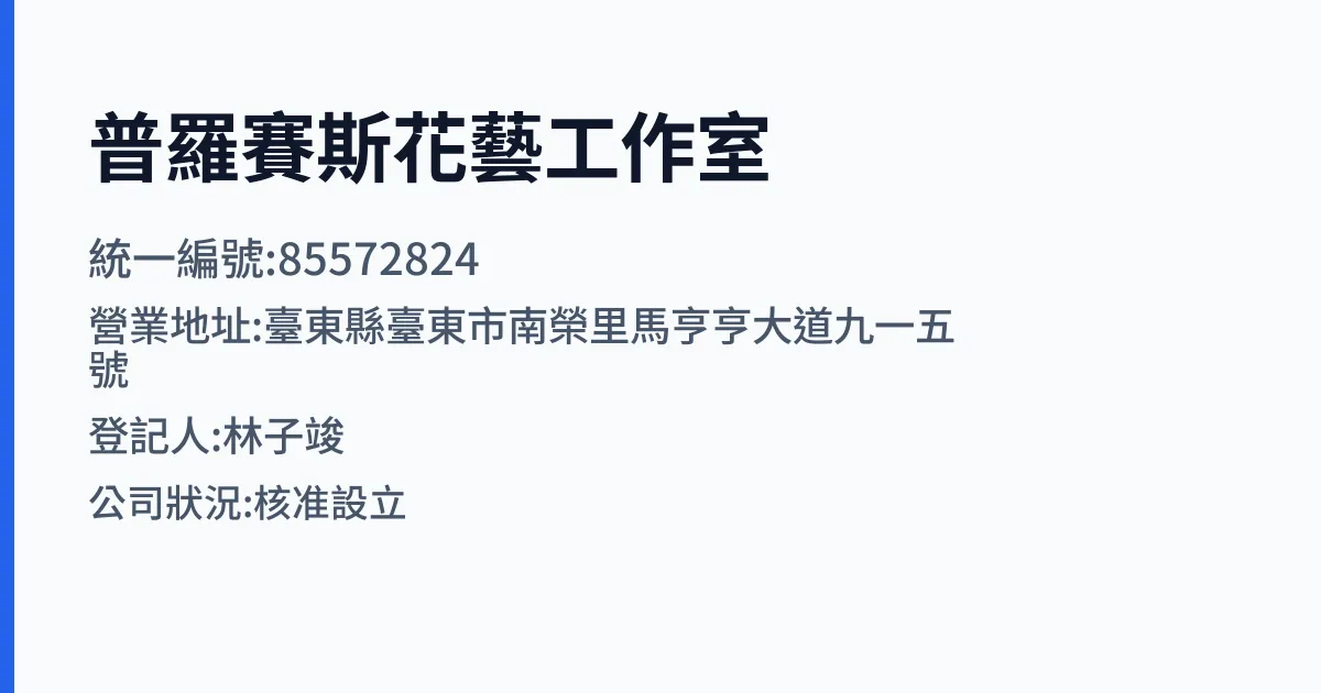 普羅賽斯花藝工作室 - 統編 85572824（臺東縣） 公司登記資料與營業項目詳細圖表