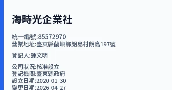 海時光企業社的照片-統編 85572970(臺東縣) 公司登記資料與營業項目詳細圖表