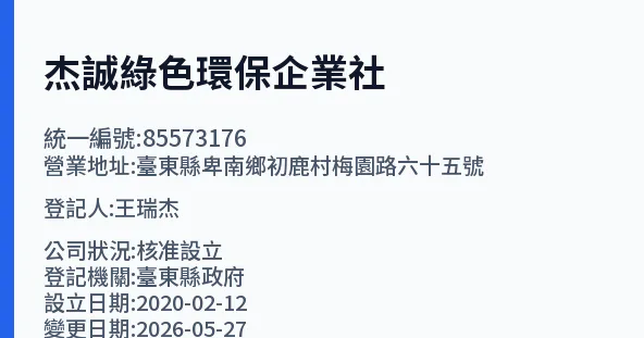 杰誠綠色環保企業社的照片-統編 85573176(臺東縣) 公司登記資料與營業項目詳細圖表