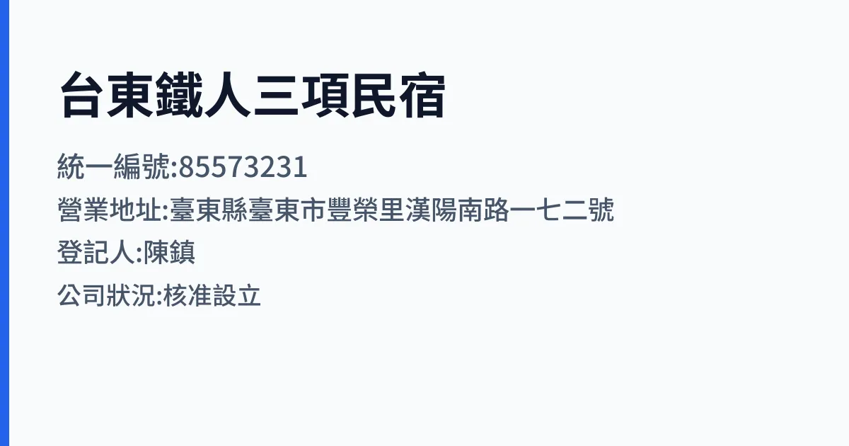 台東鐵人三項民宿 - 統編 85573231(臺東縣) 公司登記資料與營業項目詳細圖表
