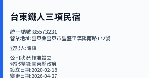 台東鐵人三項民宿的照片-統編 85573231(臺東縣) 公司登記資料與營業項目詳細圖表