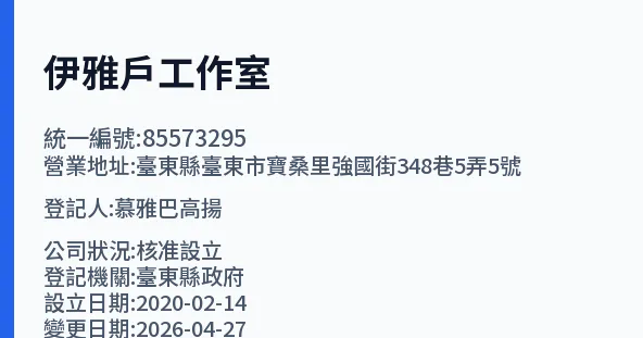 伊雅戶工作室的照片-統編 85573295(臺東縣) 公司登記資料與營業項目詳細圖表