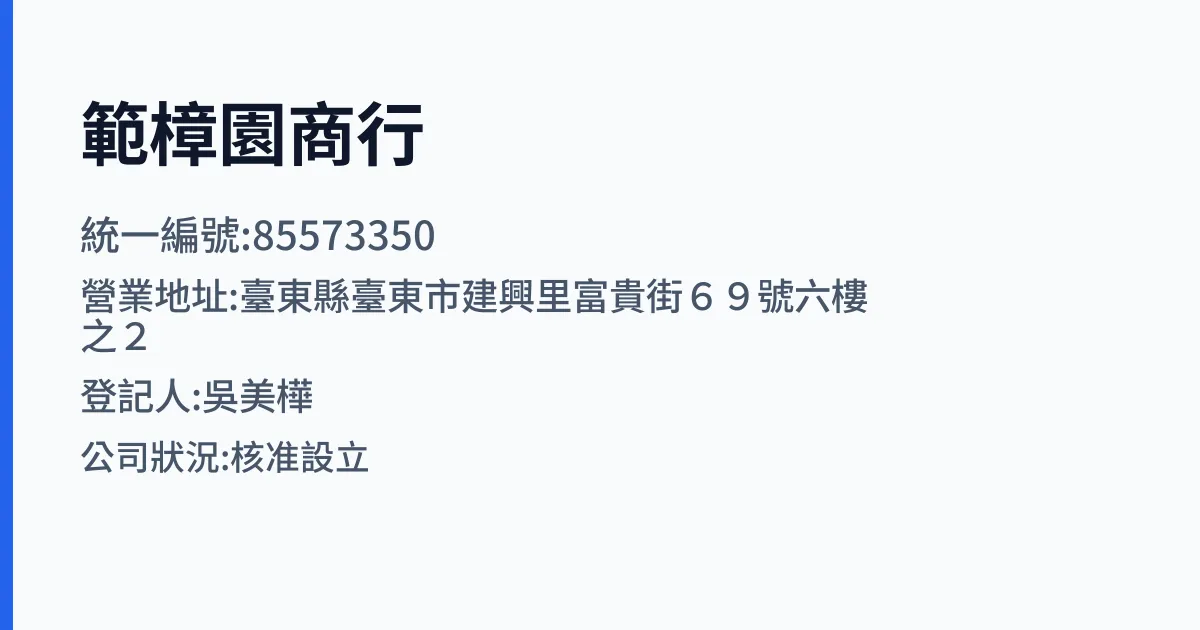 範樟園商行 - 統編 85573350(臺東縣) 公司登記資料與營業項目詳細圖表
