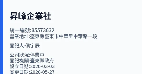 昇峰企業社的照片-統編 85573632(臺東縣) 公司登記資料與營業項目詳細圖表