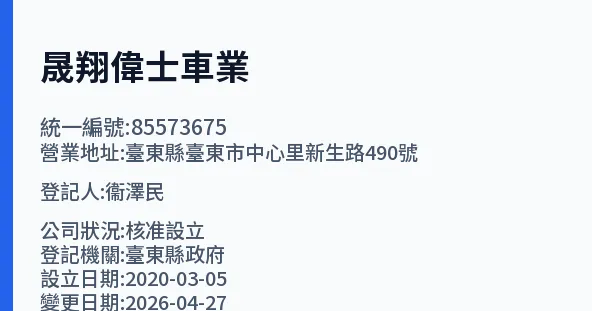 晟翔偉士車業的照片-統編 85573675(臺東縣) 公司登記資料與營業項目詳細圖表