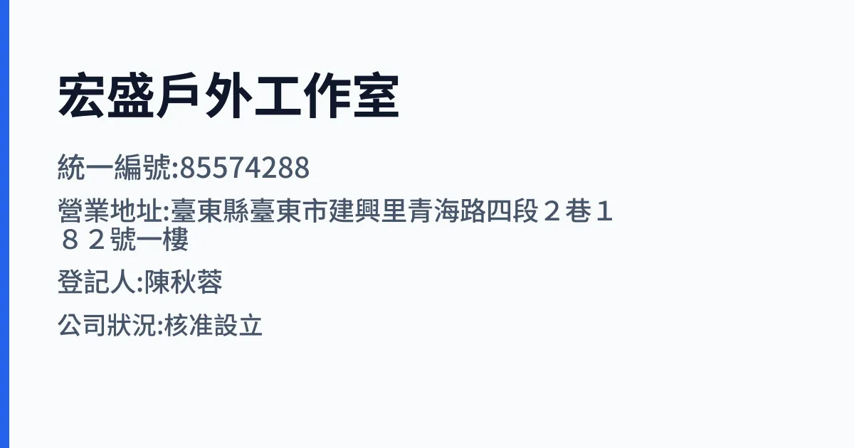 宏盛戶外工作室 - 統編 85574288(臺東縣) 公司登記資料與營業項目詳細圖表