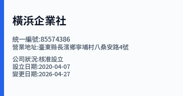 橫浜企業社的照片-統編 85574386(臺東縣) 公司登記資料與營業項目詳細圖表