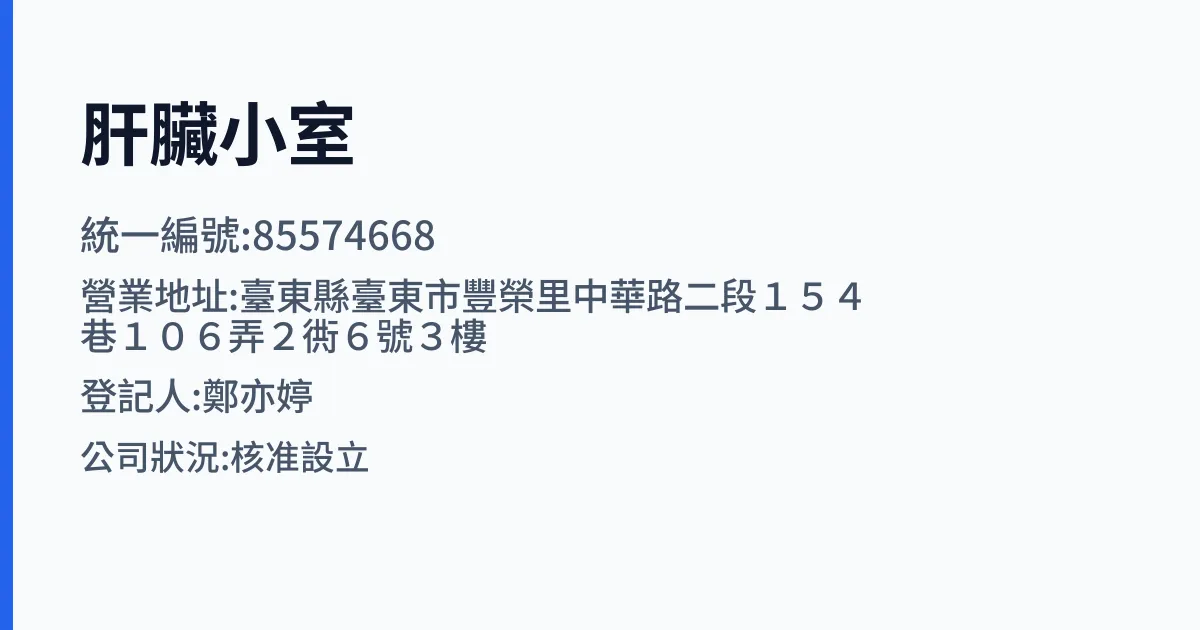 肝臟小室 - 統編 85574668(臺東縣) 公司登記資料與營業項目詳細圖表