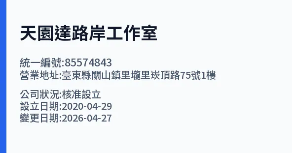 天園達路岸工作室的照片-統編 85574843(臺東縣) 公司登記資料與營業項目詳細圖表