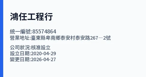 鴻任工程行的照片-統編 85574864(臺東縣) 公司登記資料與營業項目詳細圖表