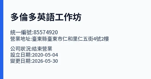 多倫多英語工作坊的照片-統編 85574920(臺東縣) 公司登記資料與營業項目詳細圖表