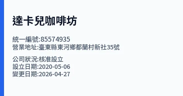 達卡兒咖啡坊的照片-統編 85574935(臺東縣) 公司登記資料與營業項目詳細圖表