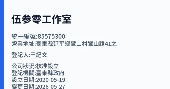 伍参零工作室的照片-統編 85575300(臺東縣) 公司登記資料與營業項目詳細圖表