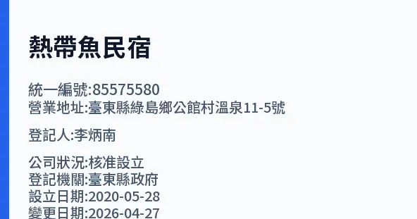 熱帶魚民宿的照片-統編 85575580(臺東縣) 公司登記資料與營業項目詳細圖表
