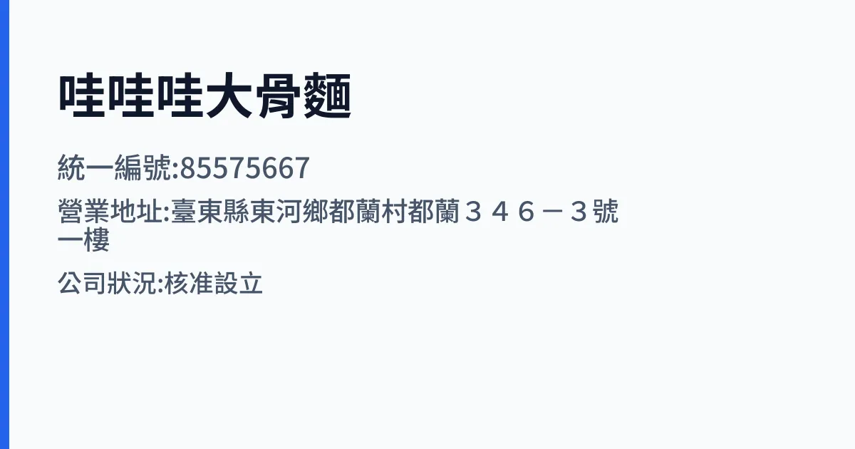哇哇哇大骨麵 - 統編 85575667(臺東縣) 公司登記資料與營業項目詳細圖表