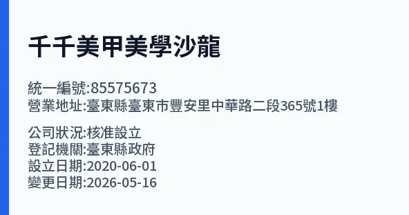 千千美甲美學沙龍的照片-統編 85575673(臺東縣) 公司登記資料與營業項目詳細圖表