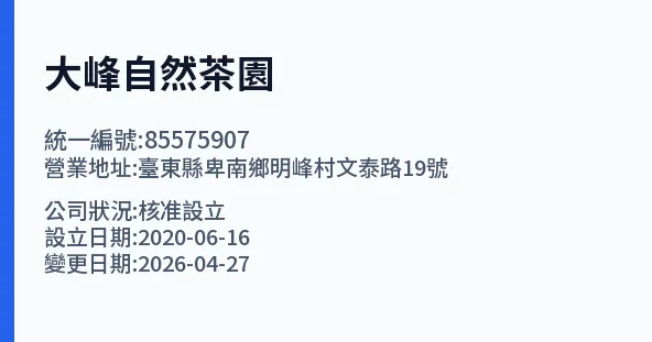 大峰自然茶園的照片-統編 85575907(臺東縣) 公司登記資料與營業項目詳細圖表