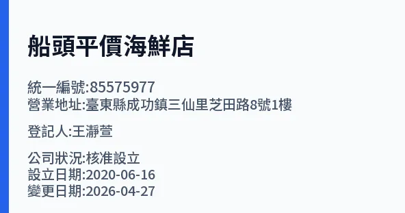 船頭平價海鮮店的照片-統編 85575977(臺東縣) 公司登記資料與營業項目詳細圖表
