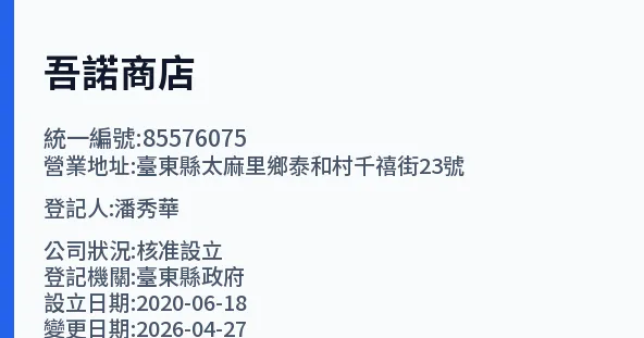 吾諾商店的照片-統編 85576075(臺東縣) 公司登記資料與營業項目詳細圖表
