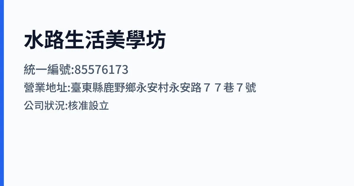 水路生活美學坊 - 統編 85576173(臺東縣) 公司登記資料與營業項目詳細圖表