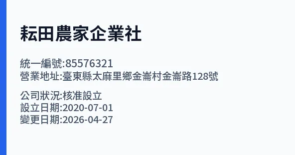 耘田農家企業社的照片-統編 85576321(臺東縣) 公司登記資料與營業項目詳細圖表