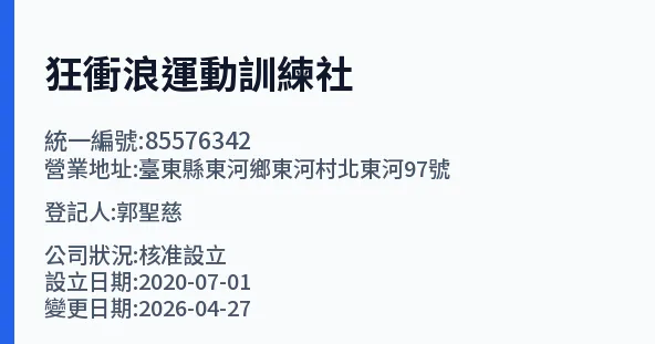 狂衝浪運動訓練社的照片-統編 85576342(臺東縣) 公司登記資料與營業項目詳細圖表